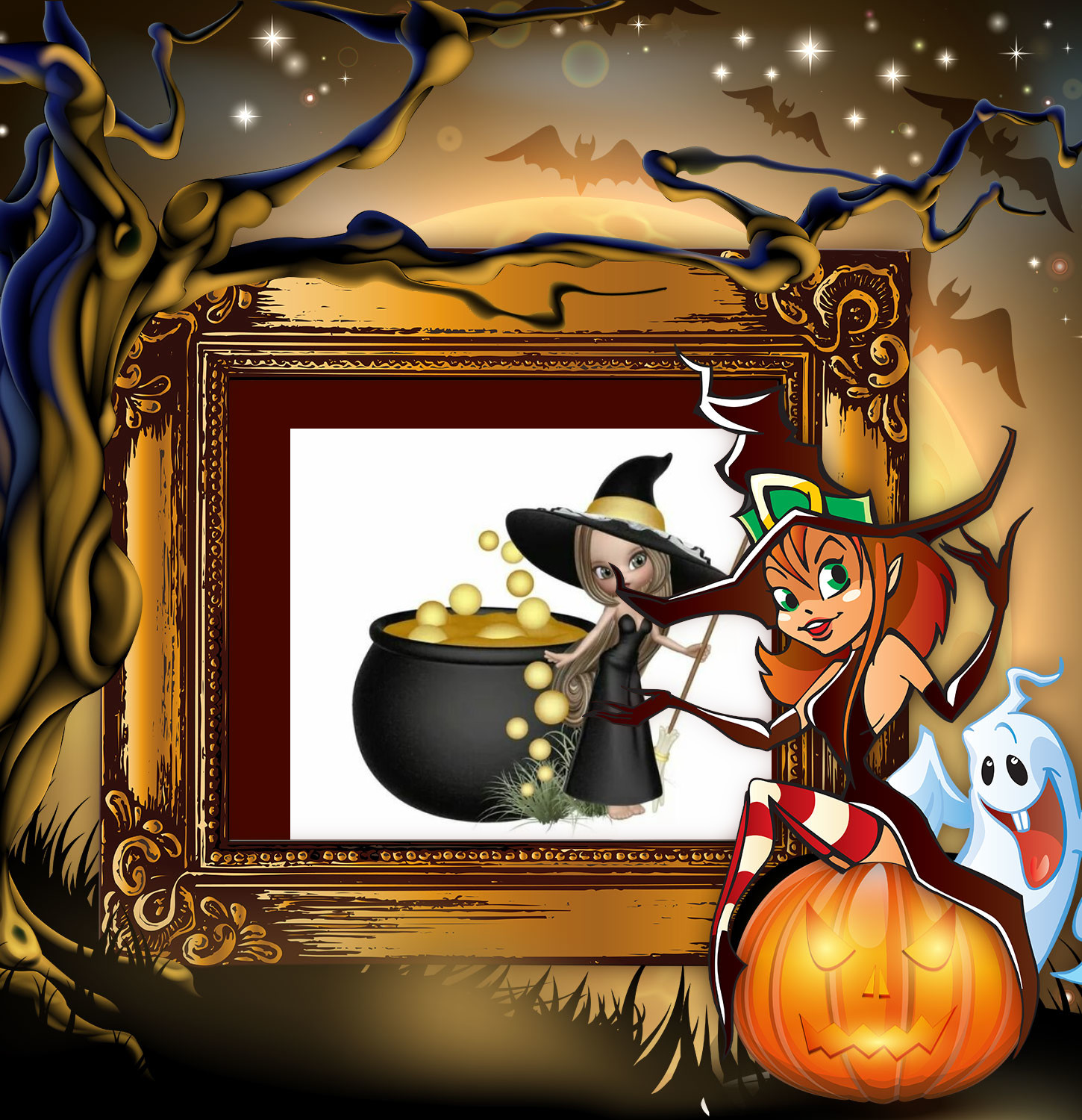 Photo frames. Halloween frame with a witch sitting on a pumpkin | 47285597