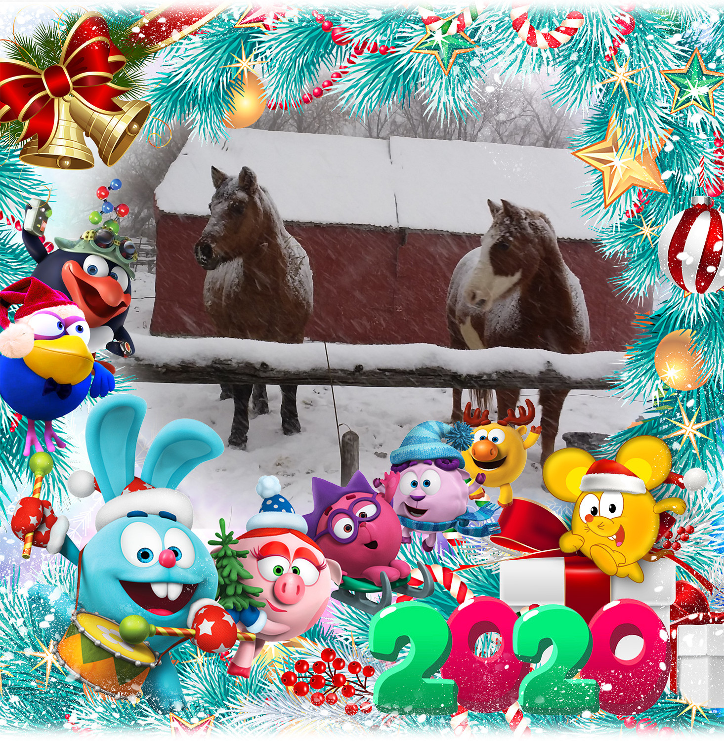 Photo frames. Funny animals wish you a Happy New Year 2020 | 53490996