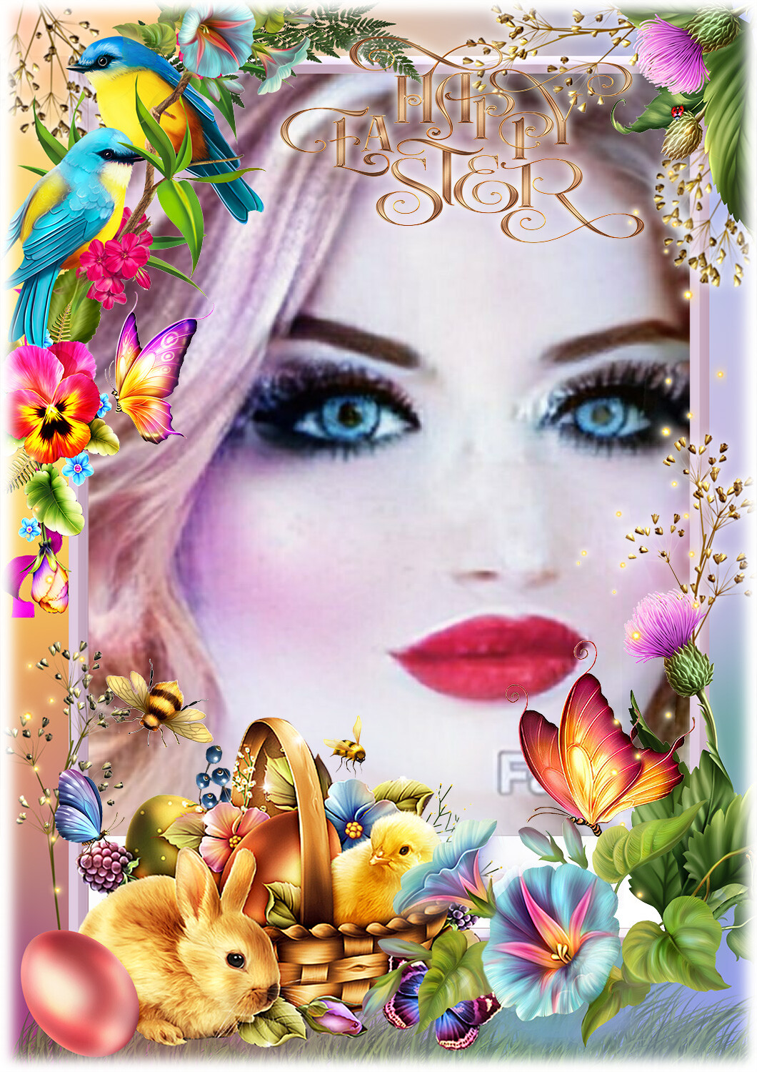 Photo frames. Easter photo frame with spring flowers, a rabbit and a ...